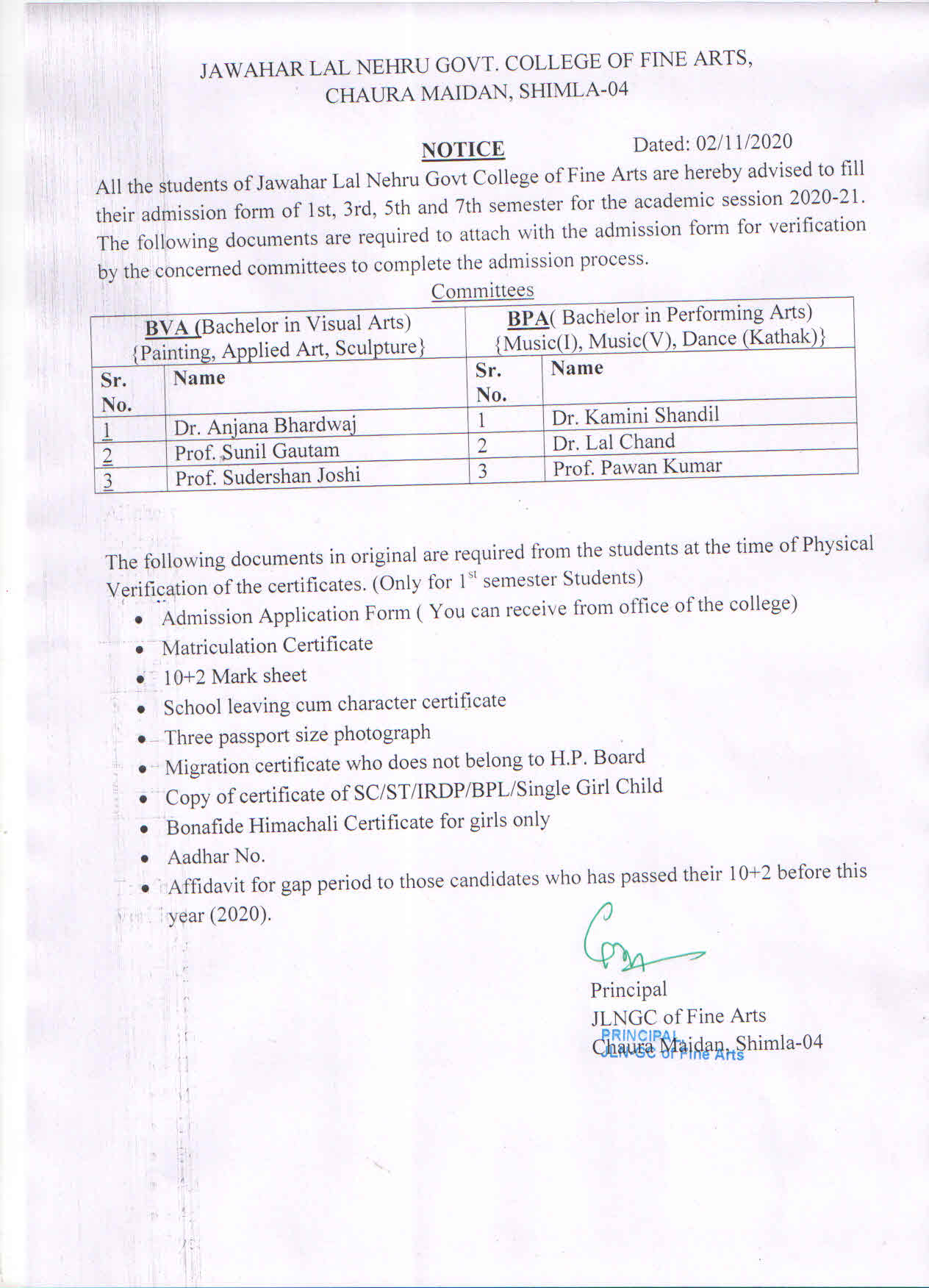 Notice Board |Jawahar Lal Nehru Govt College Fine Arts Shimla